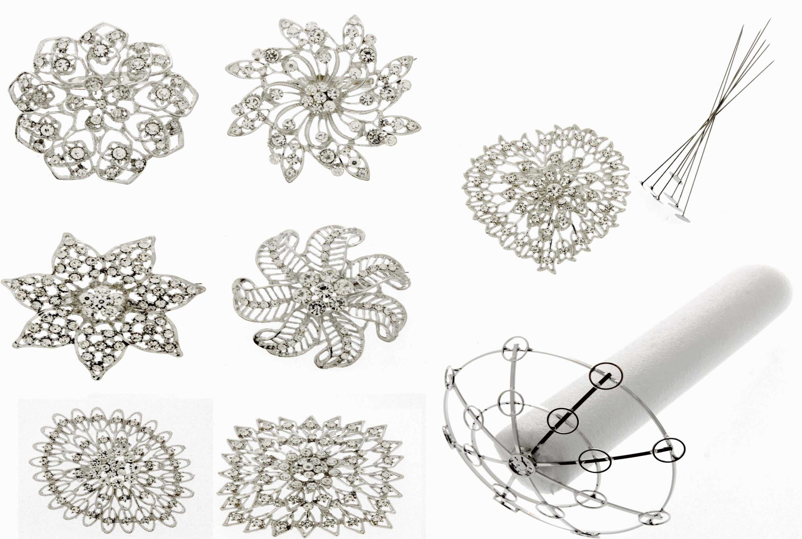 Small Round Brooch bouquet kit with Armature and 7 Brooches - Silver ...